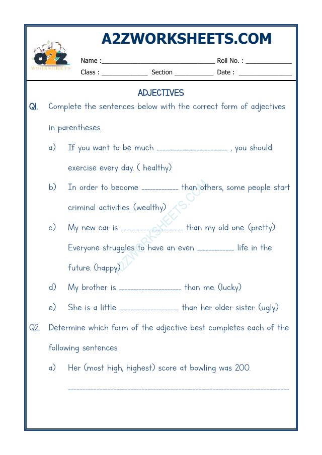 A2Zworksheets:Worksheet of Class-Iv-English Adjectives Worksheet-12 ...
