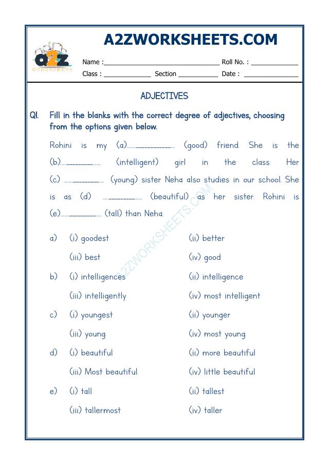 A2Zworksheets:Worksheet of Class-V-English Adjectives Worksheet-13-Grammar-English