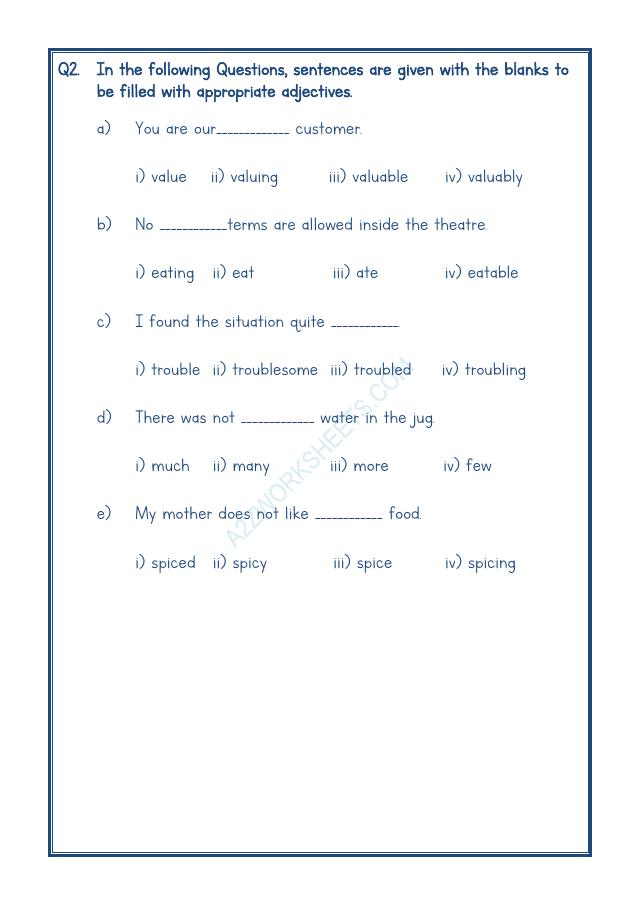 A2Zworksheets:Worksheet of Class-V-English Adjectives Worksheet-13 ...