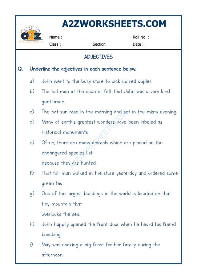 A2Zworksheets:Worksheet of Class-Vi-English Adjectives Worksheet-03 ...