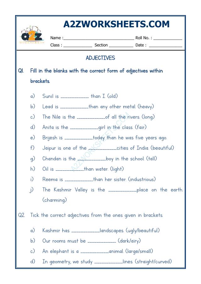 A2Zworksheets:Worksheet of Class-Vi-English Adjectives Worksheet-05 ...