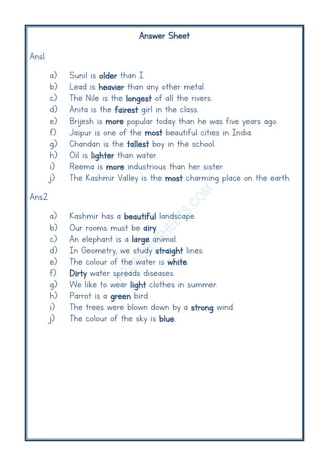 A2Zworksheets:Worksheet of Class-Vi-English Adjectives Worksheet-05 ...