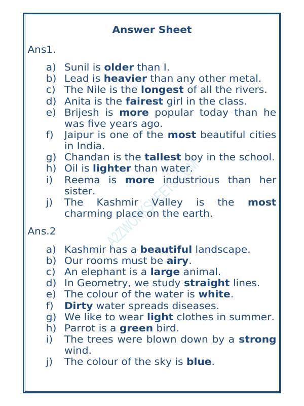 A2Zworksheets:Worksheet of Class-Vi-English Adjectives Worksheet-05 ...