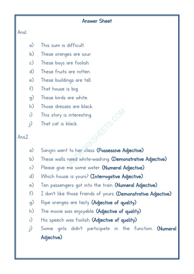 A2Zworksheets:Worksheet of Class-Vi-English Adjectives Worksheet-06-Grammar-English