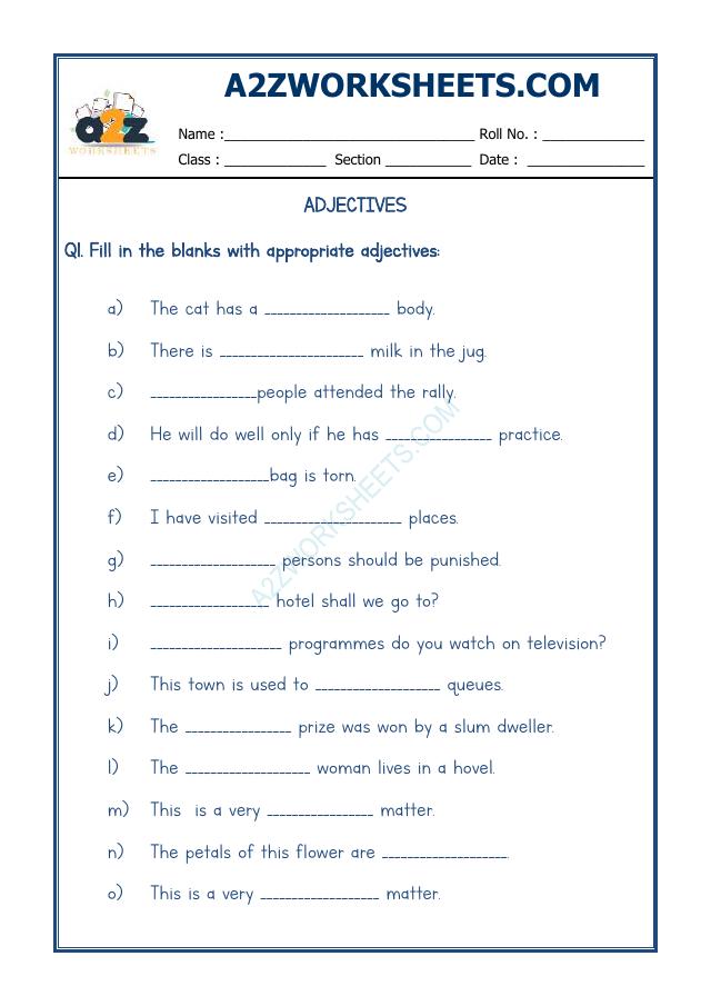 A2Zworksheets:Worksheet of Class-Vi-English Adjectives Worksheet-09 ...