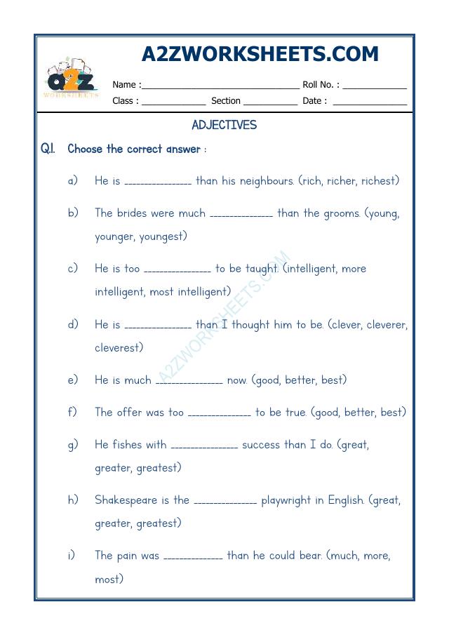 A2Zworksheets:Worksheet of Class-Vi-English Adjectives Worksheet-10 ...