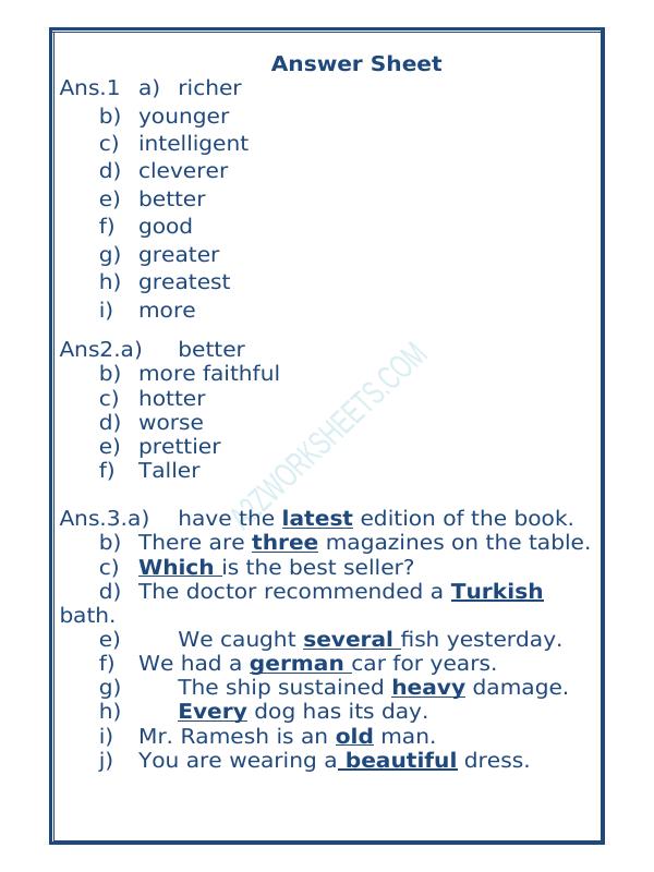 A2Zworksheets:Worksheet of Class-Vi-English Adjectives Worksheet-10 ...