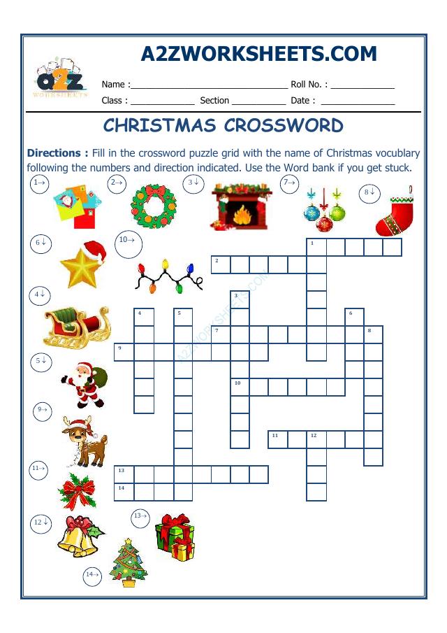 A2Zworksheets:Worksheet of Class-Iii-Cross Words-Christmas-Reading-English