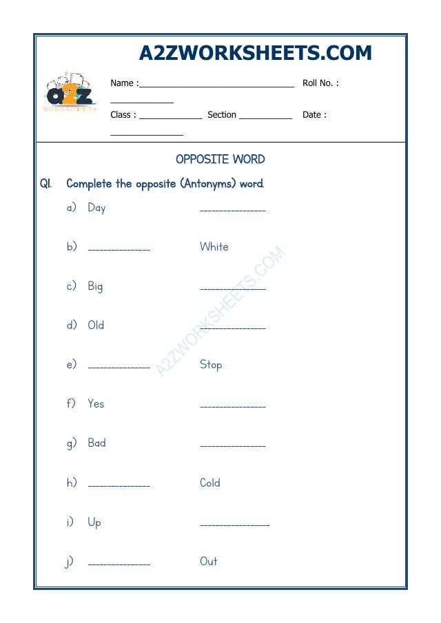 A2Zworksheets:Worksheet of Class-L-Opposite Word-07-Grammar-English