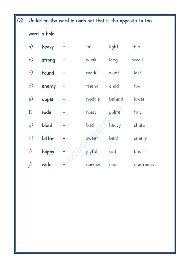 A2Zworksheets:Worksheet of Class-L-Opposite Word-10-Grammar-English