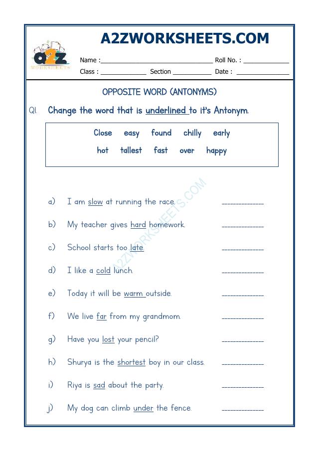 A2Zworksheets:Worksheet of Class-Ll-Opposite Word-03-Grammar-English
