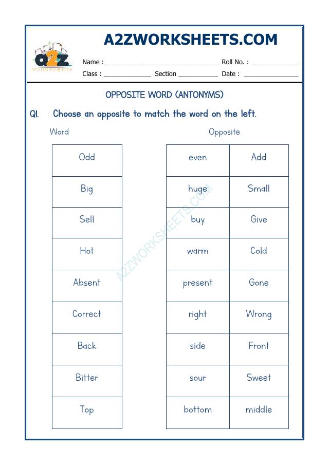 A2Zworksheets:Worksheet of Class-Ll-Opposite Word-04-Grammar-English