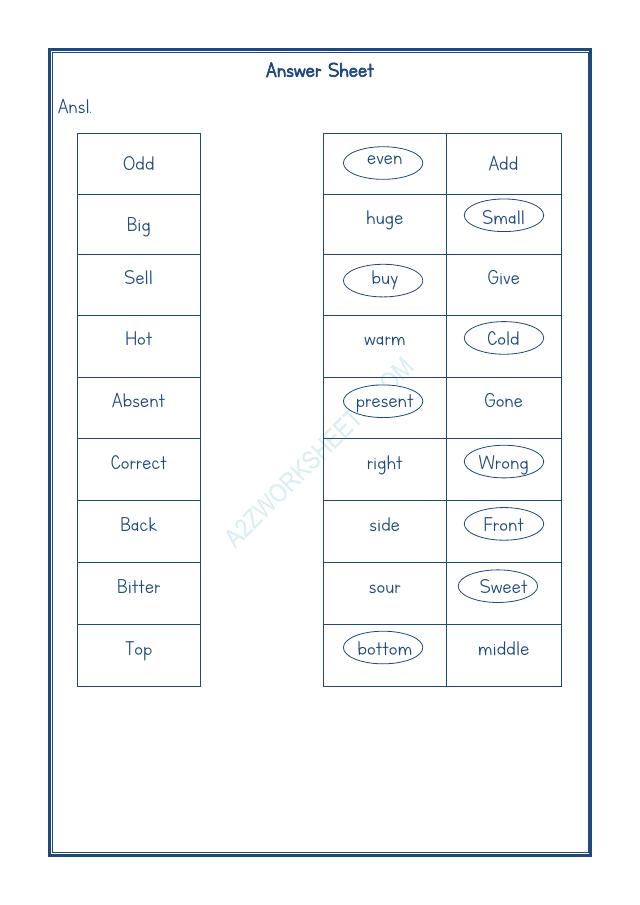 A2Zworksheets:Worksheet of Class-Ll-Opposite Word-04-Grammar-English