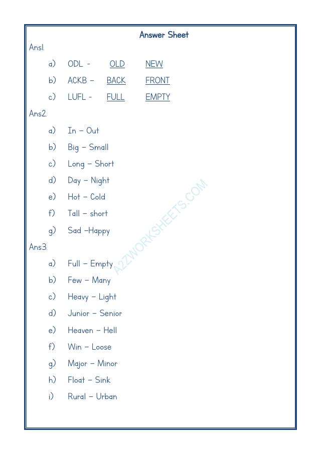 A2Zworksheets:Worksheet of Class-Lil-Opposite Word-07-Grammar-English