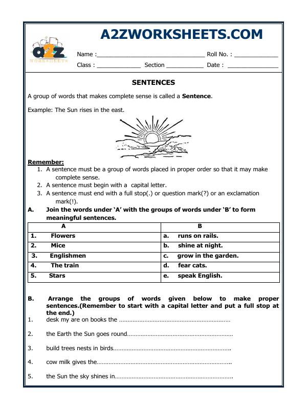 A2Zworksheets:Worksheet of Sentences-Grammar-English