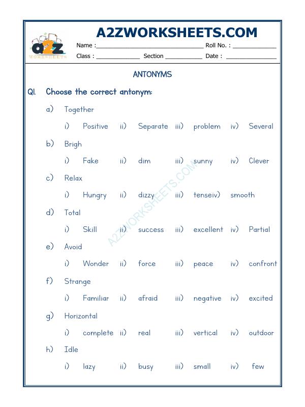 A2Zworksheets:Worksheet of Antonyms-02-Grammar-English