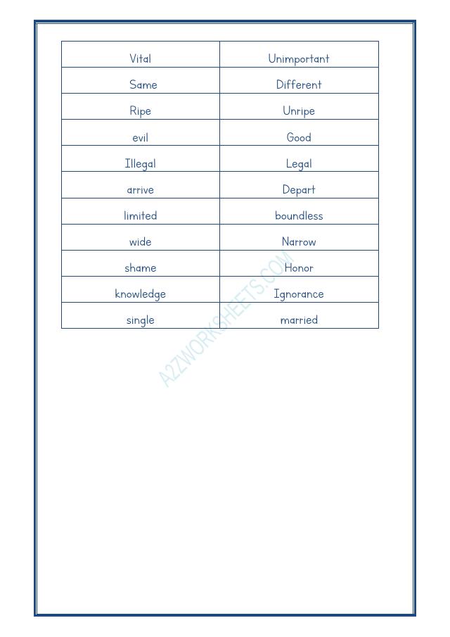 A2Zworksheets:Worksheet of Class-Vi-Antonyms-03-Grammar-English