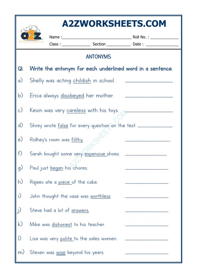 A2Zworksheets:Worksheet of Class-Vi-Antonyms-04-Grammar-English