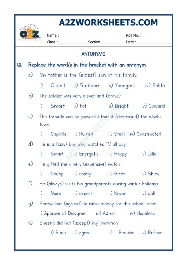 A2Zworksheets:Worksheet of Class-Vi-Antonyms-05-Grammar-English