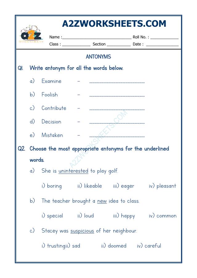 A2Zworksheets:Worksheet of Class-Vi-Antonyms-10-Grammar-English