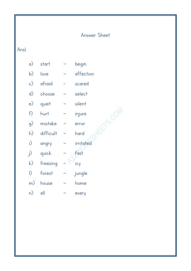 A2Zworksheets:Worksheet of Class-Lll-Synonyms-01-Grammar-English