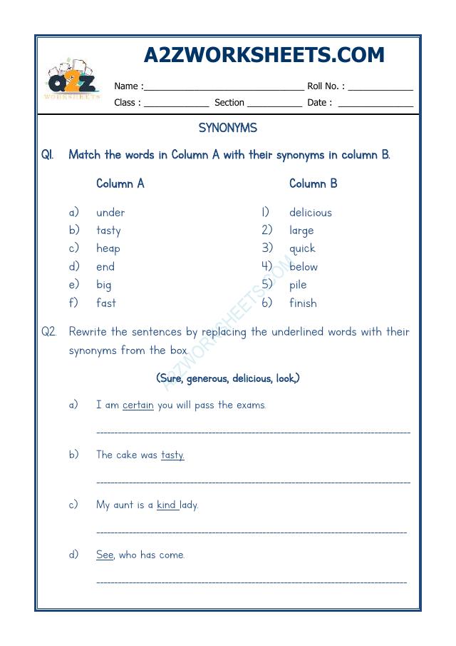 A2Zworksheets:Worksheet of Class-Lll-Synonyms-03-Grammar-English