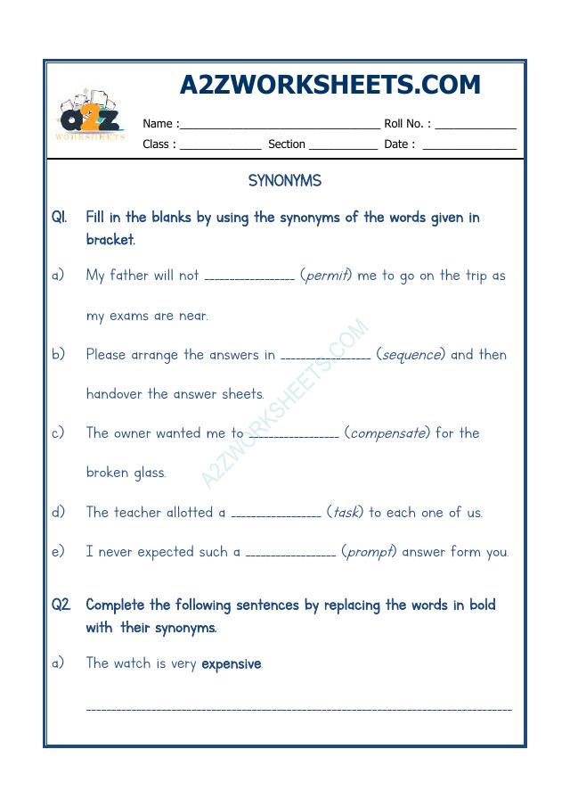 A2Zworksheets:Worksheet of Class-V-Synonyms-05-Grammar-English