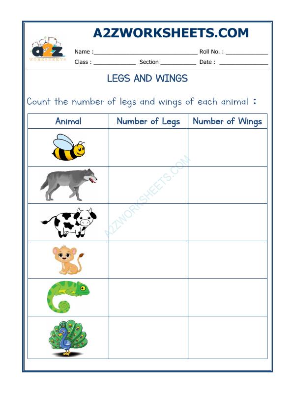 A2Zworksheets:Worksheet of Class-I-Animal - Legs And Wings-01-Animals ...