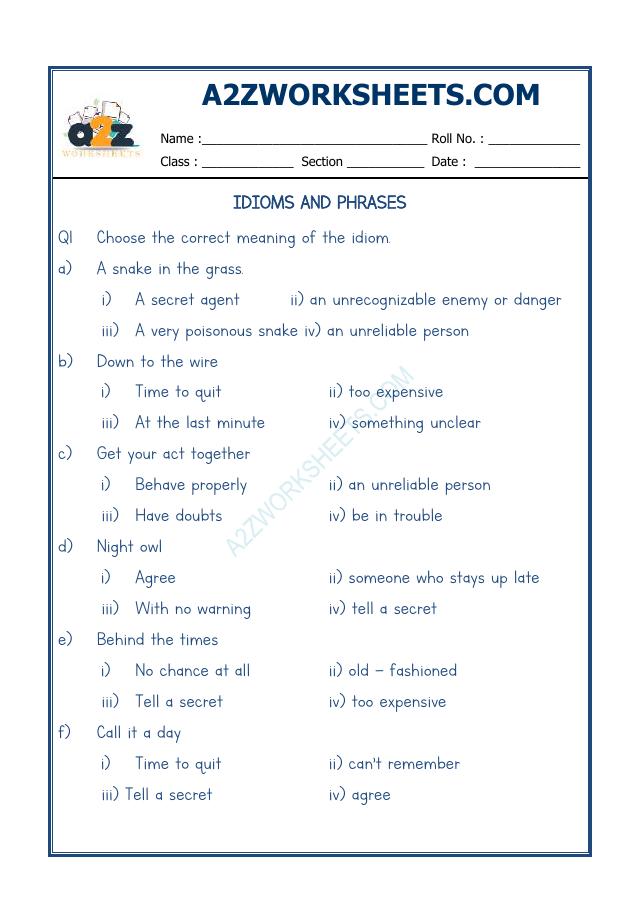 A2Zworksheets:Worksheet of Idioms And Phrases-03-Reading-English