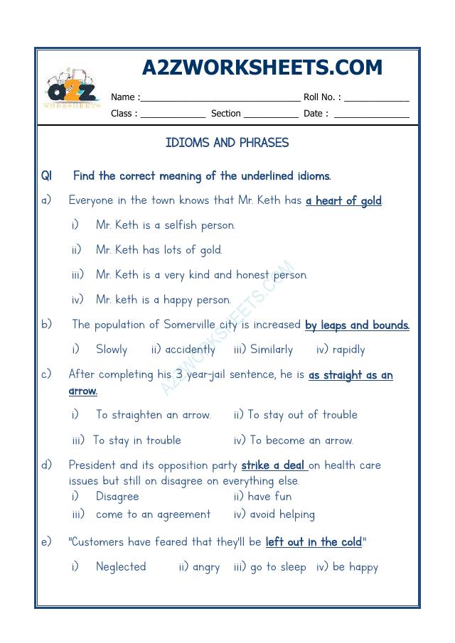 A2Zworksheets:Worksheet of Idioms And Phrases-07-Reading-English
