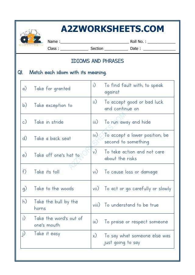 A2Zworksheets:Worksheet of Idioms And Phrases-02-Reading-English
