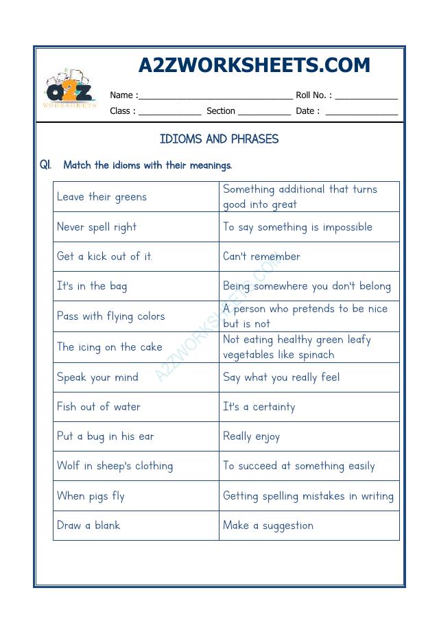 A2Zworksheets:Worksheet of Class-Vi-Idioms And Phrases-08-undefined ...