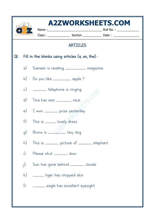 A2Zworksheets:Worksheet of Class-I-Articles-07-Grammar-English