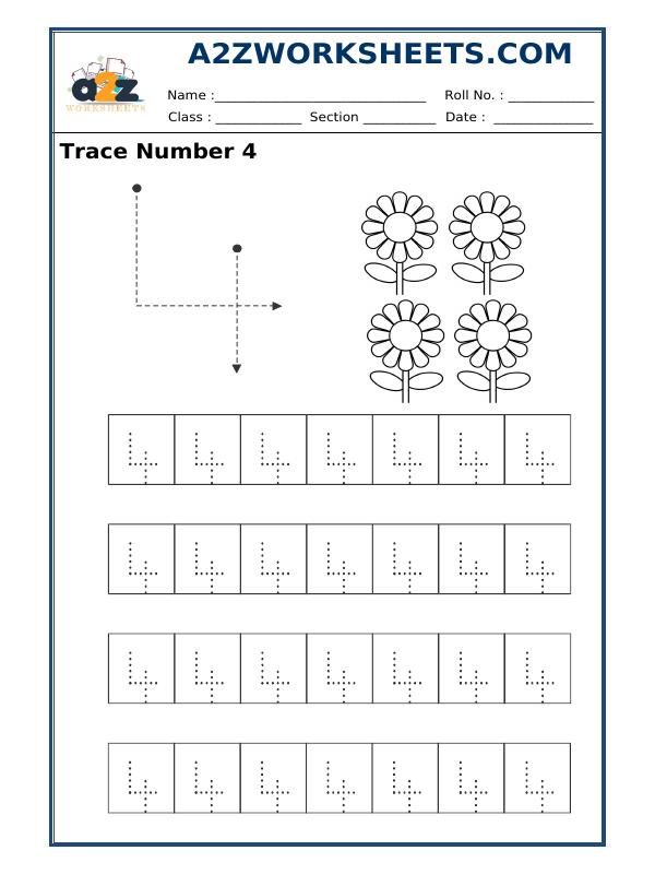 A2Zworksheets:Worksheet of Formation - Trace Number 4-Numbers-Maths