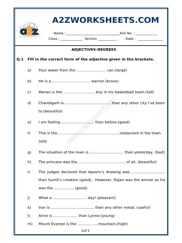 A2Zworksheets:Worksheet of Adjectives - 02 (Exercise)-Grammar-English