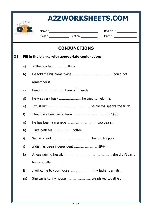 A2Zworksheets:Worksheet of Conjunctions - 02 (Exercise)-Grammar-English
