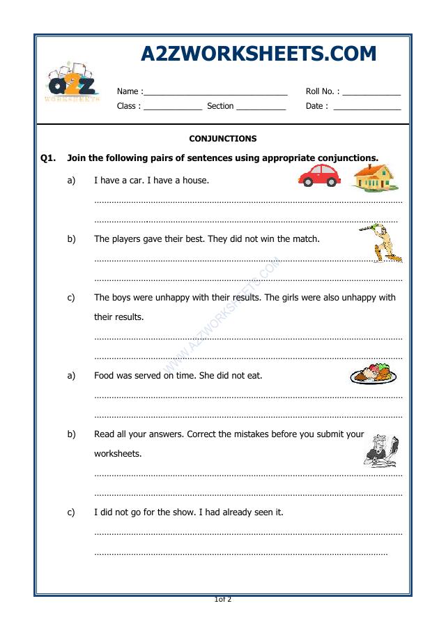 A2Zworksheets:Worksheet of Conjunctions - 03 (Exercise)-Grammar-English
