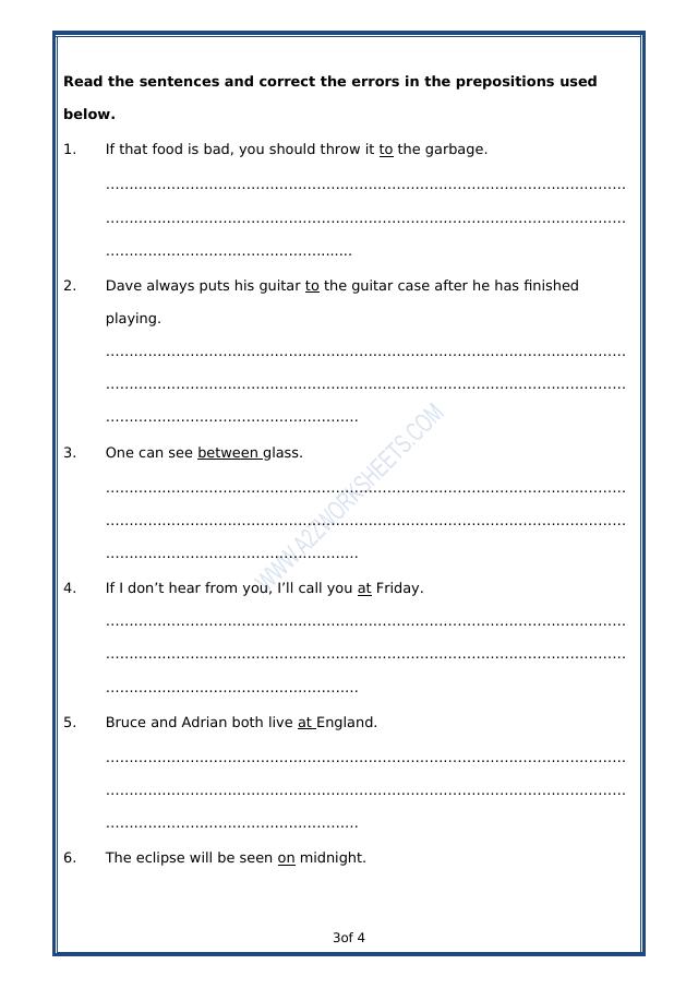 A2Zworksheets:Worksheet of Prepositions - 2 (Exercise)-Grammar-English
