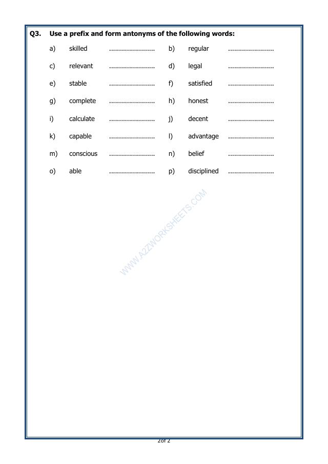A2Zworksheets:Worksheet of Antonyms - 02 (Exercise)-Grammar-English