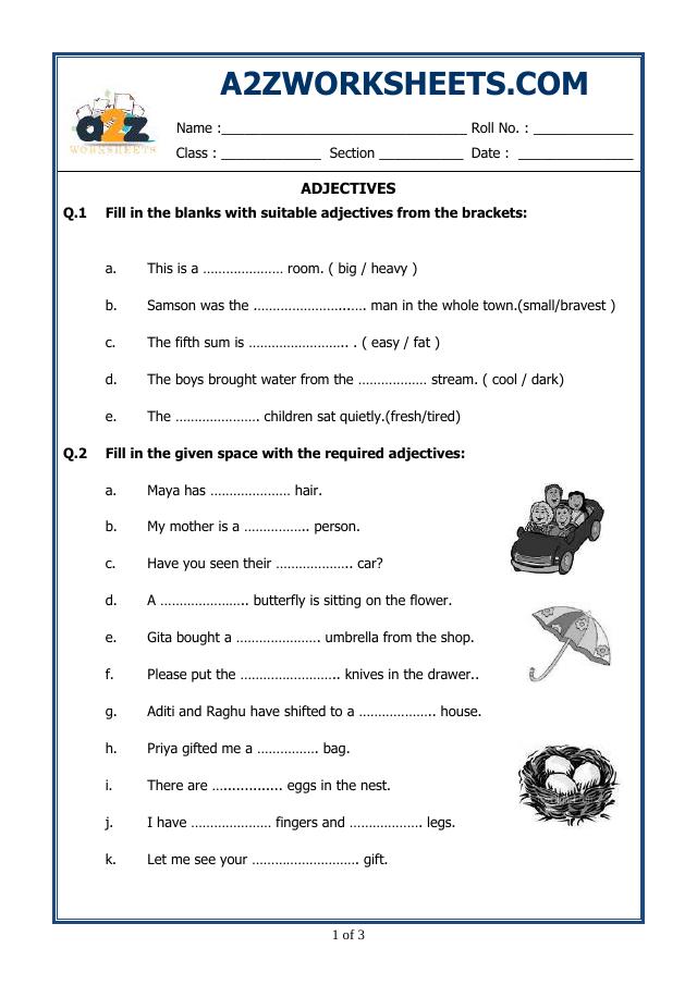 A2Zworksheets:Worksheet of Class-III-English Adjectives-19-Grammar-English