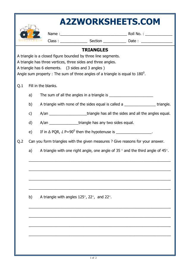 A2zworksheets Worksheet Of Triangles 02 Geometry Maths