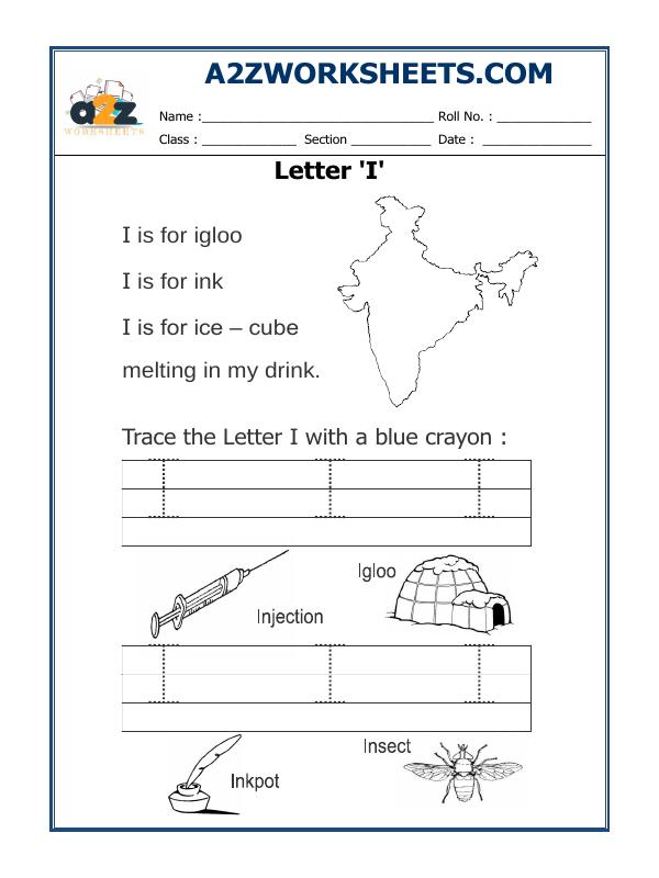 A2Zworksheets:Worksheet of Trace The Letter I-Writing-English