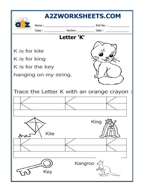 A2Zworksheets:Worksheet of Trace The Letter K-Writing-English