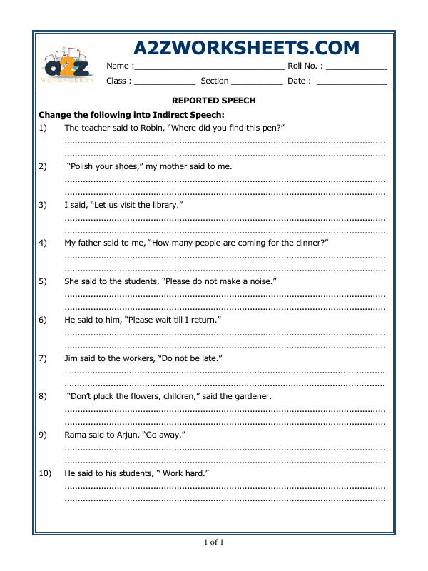 A2Zworksheets:Worksheet of Reported Speech-03-Grammar-English