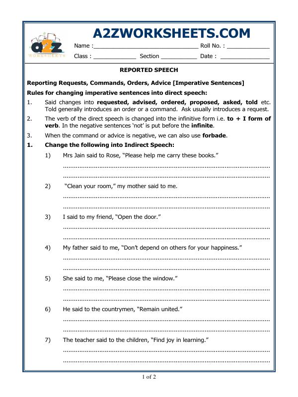 A2Zworksheets:Worksheet of Reported Speech-02-Grammar-English