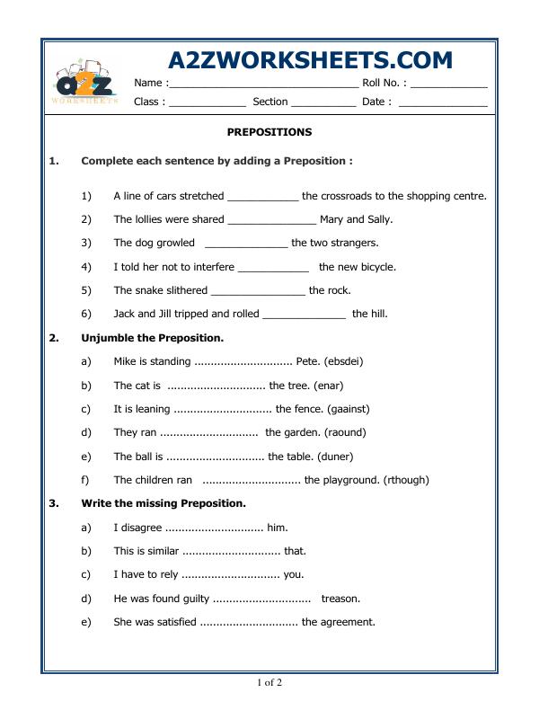 A2Zworksheets:Worksheet of Prepositions-02-Grammar-English
