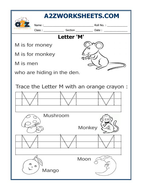 A2Zworksheets:Worksheet of Trace The Letter M-Writing-English
