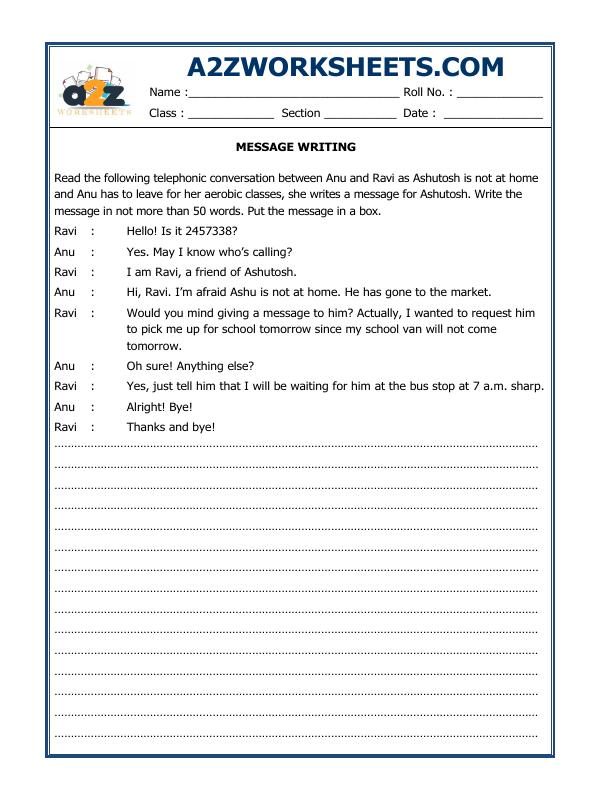 A2Zworksheets:Worksheet of Message Writing-03-Writing-English A2Zworksheets:Worksheet of Message Writing-03-Writing-English