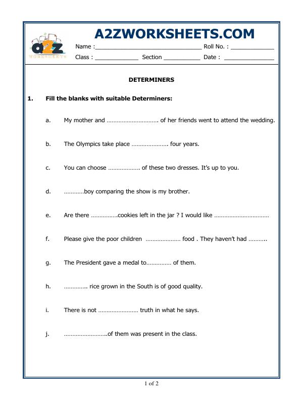 A2Zworksheets:Worksheet of Determiners-02-Grammar-English