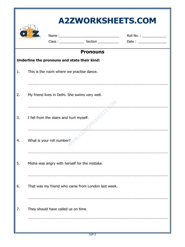 A2Zworksheets:Worksheet of Pronouns - 02 (Exercise)-Grammar-English